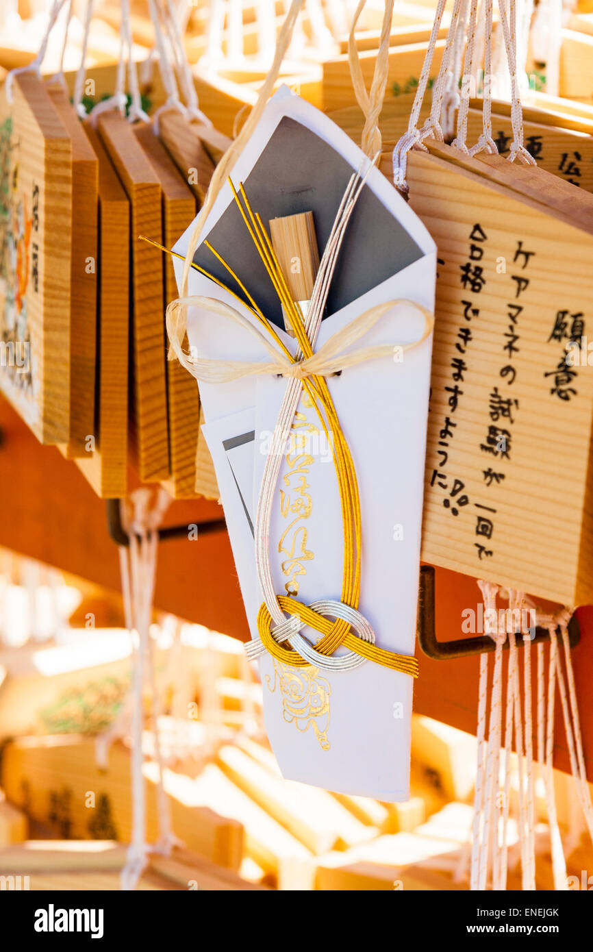 Wooden tablets, Ema boards, votive plaques, with charms hanging from ...
