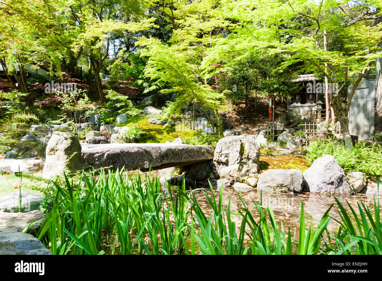 Small stone bridge crossing stream at the “Kinkei-en” garden of the ...