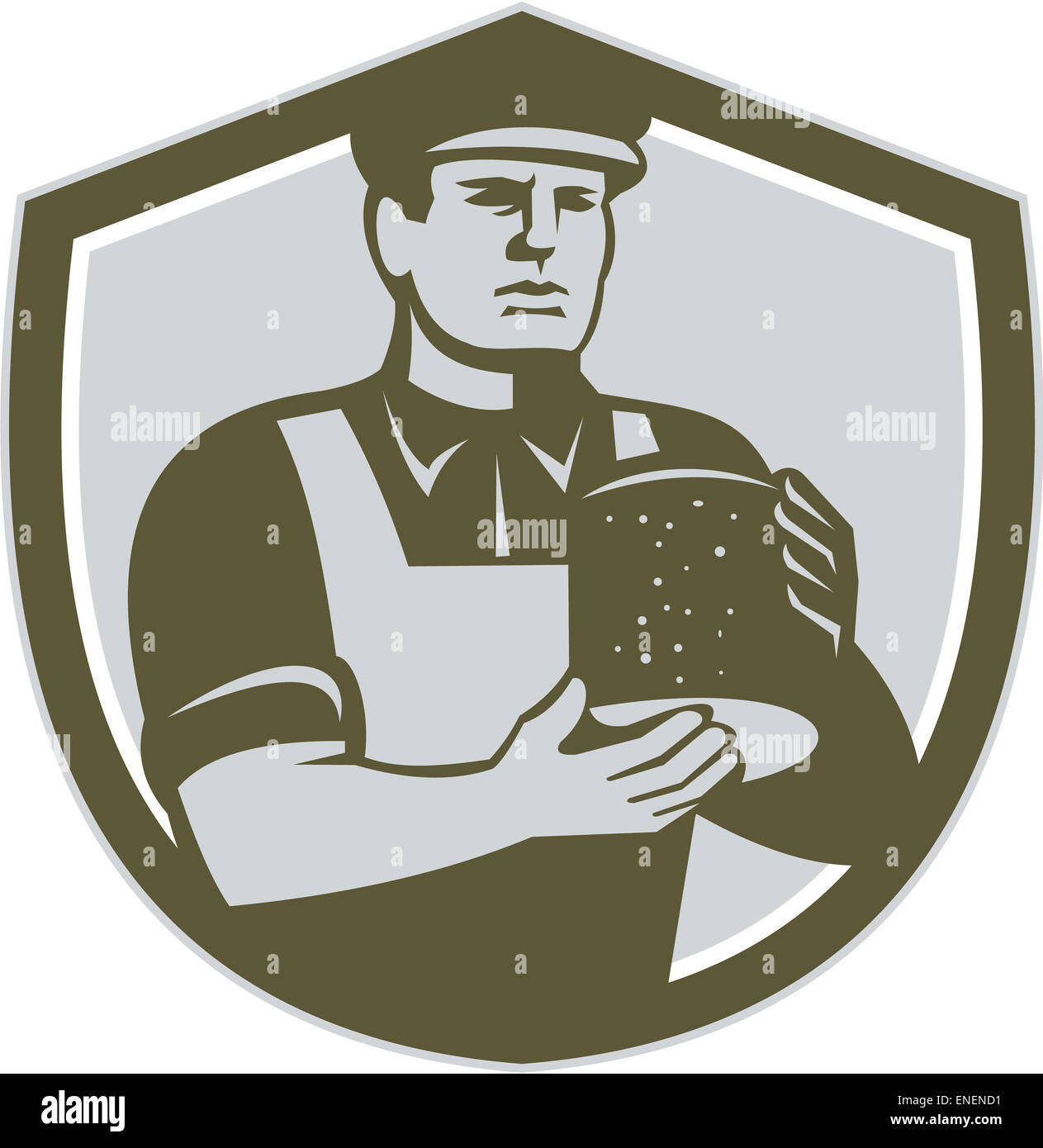 Illustration of a cheesemaker cheesecutter with hat standing holding ...