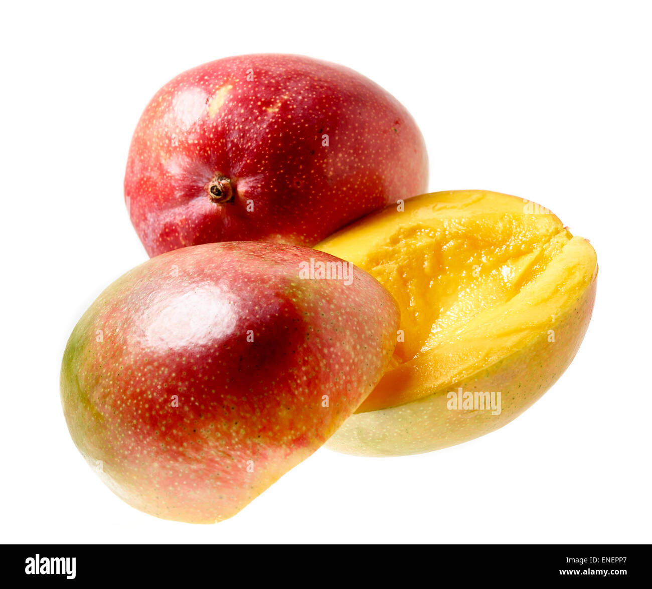 Mango fruit, whole fruit and halves, stone has removed, red, green and ...