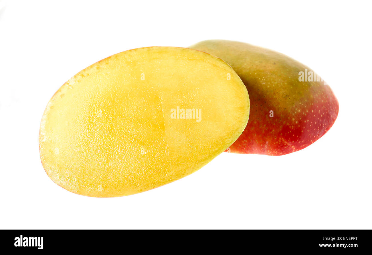 Mango slices, red, green and yellow colours - white background Stock ...