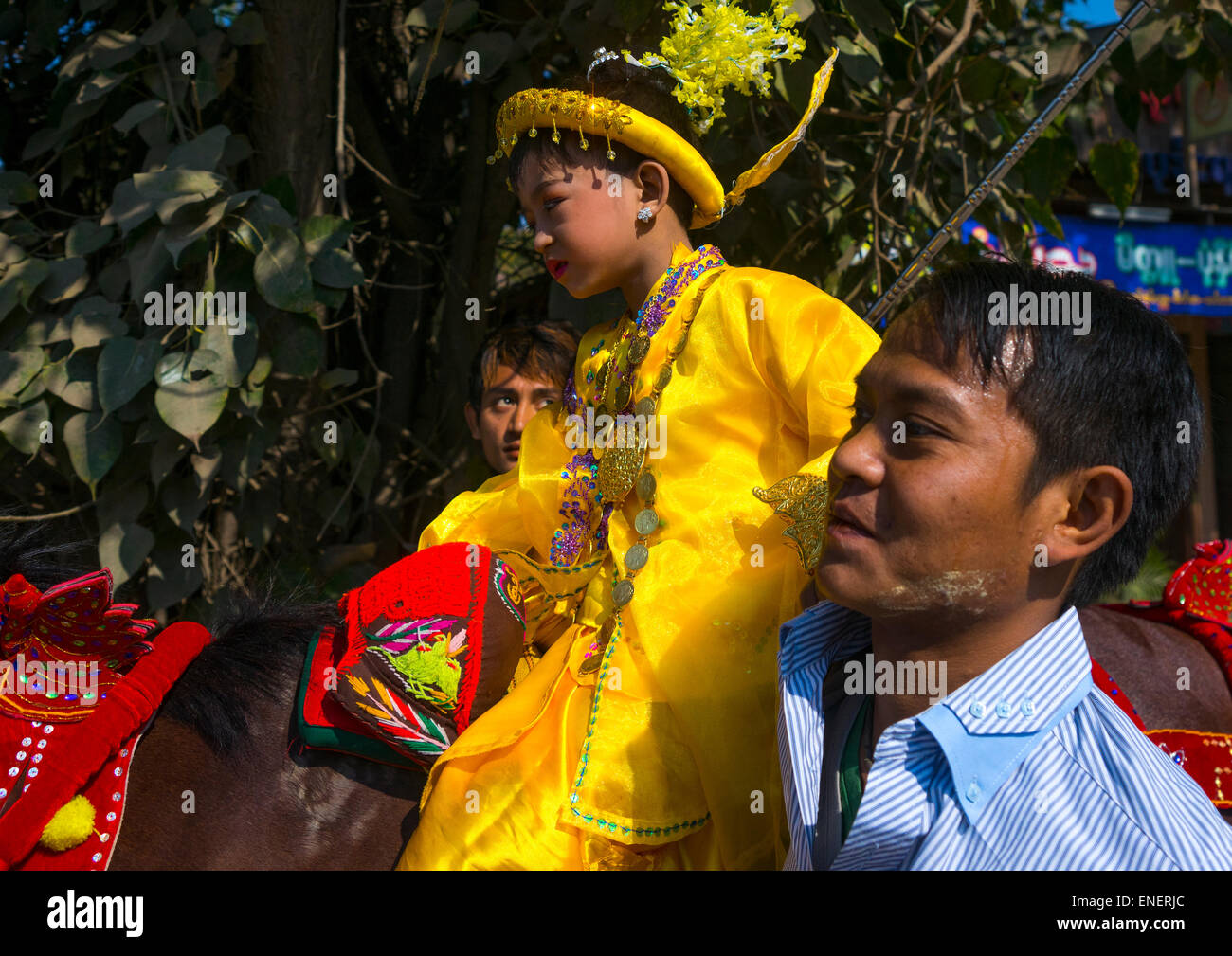 Child And Father During A Novitiation Parade, Bagan, Myanmar Stock ...