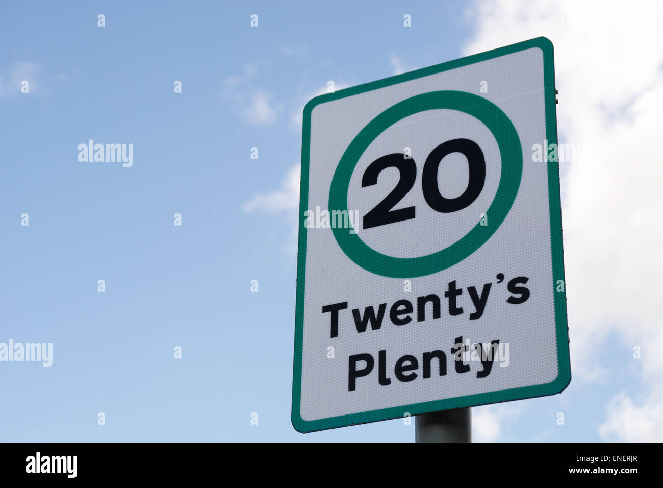 Twenty's plenty road sign against blue sky with white clouds on a sunny ...
