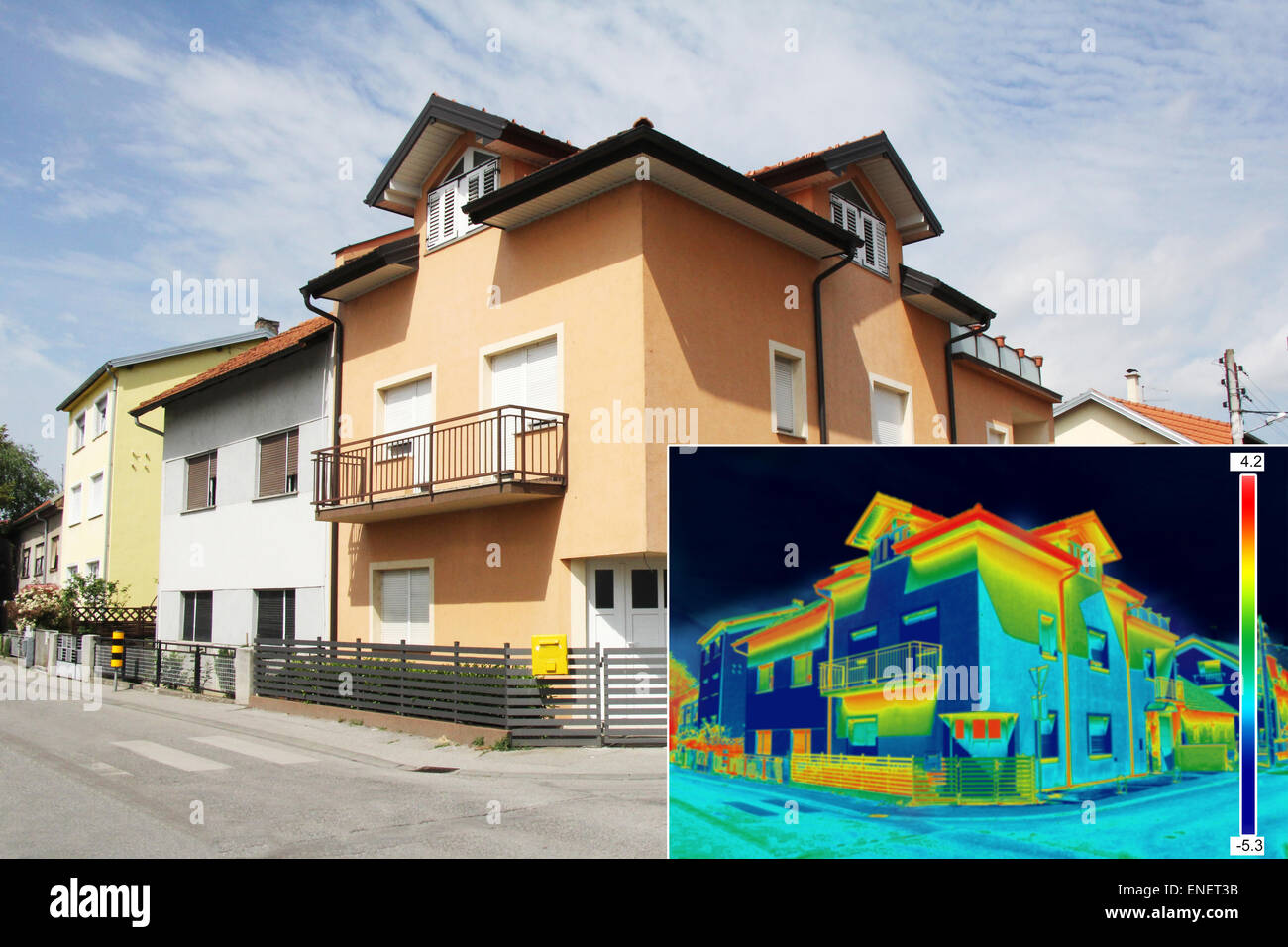 Infrared thermovision image showing lack of thermal insulation on House ...