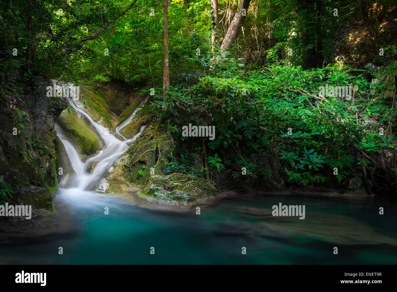 Jangle landscape with flowing turquoise water of Erawan cascade ...