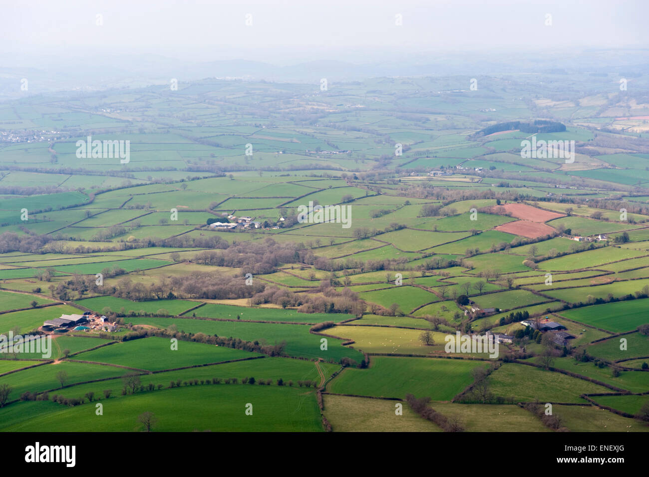 View over farmland from Mynydd Troed in the Black Mountains Powys Mid ...