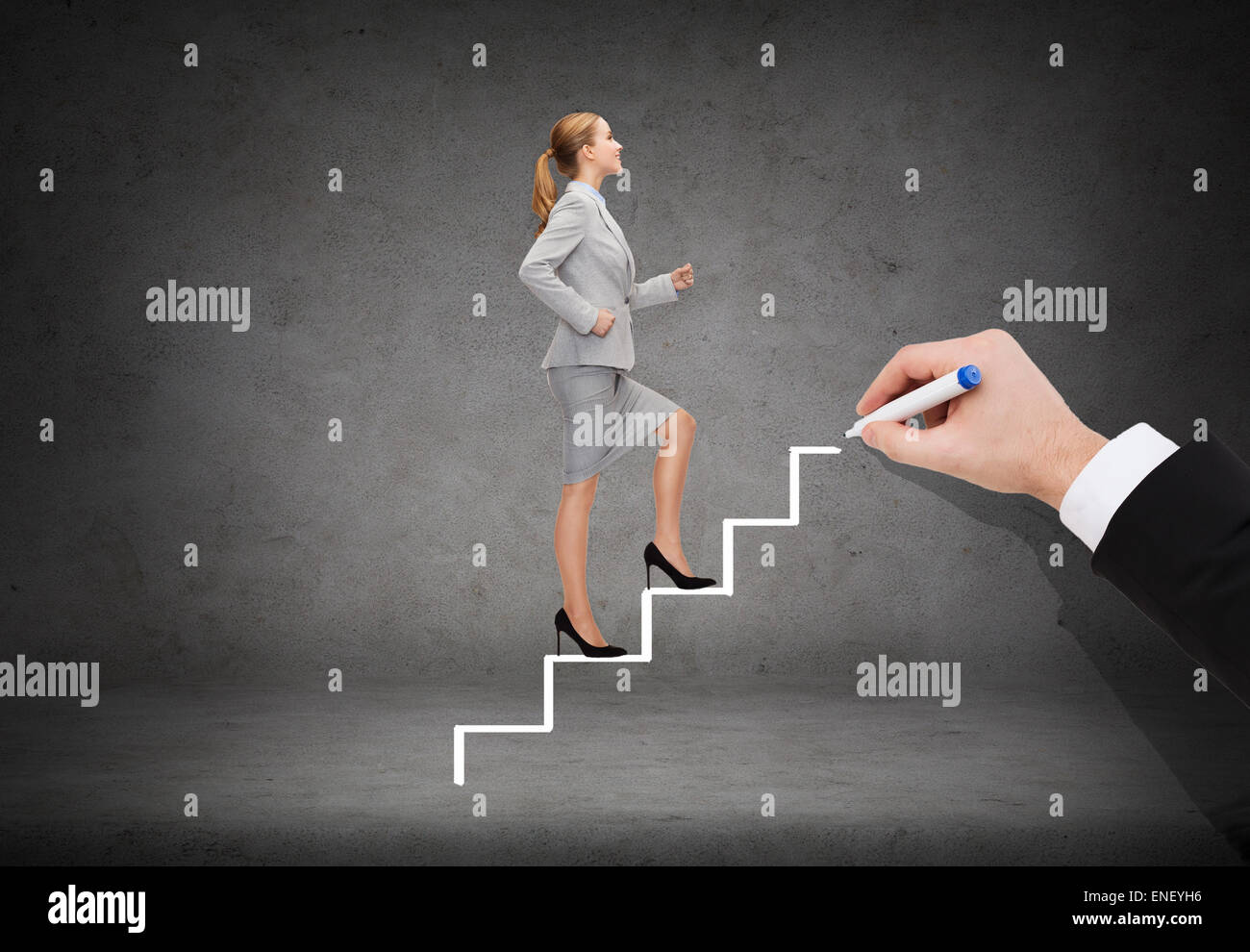 smiling businesswoman stepping up staircase Stock Photo - Alamy