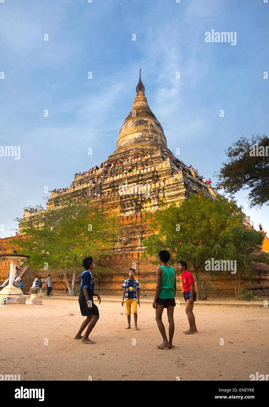 Kid Playing Chinlone In Front Of Shwesandaw Pagoda, Bagan, Myanmar ...