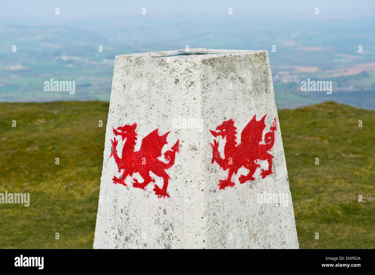Trig Point with Welsh Dragon on top of Mynydd Troed in the Black ...