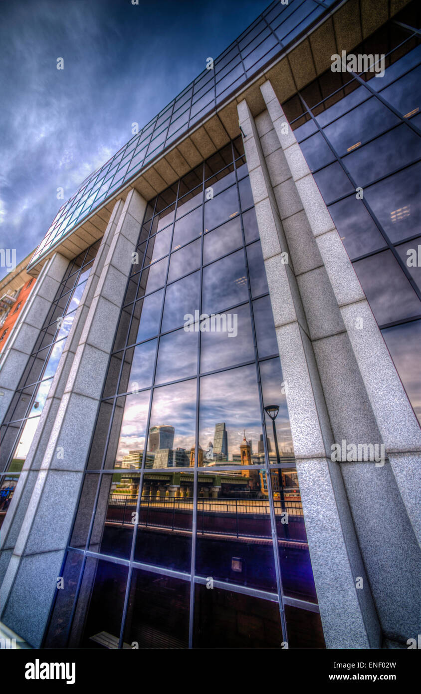 Reflection of city of London in building on south bank, London Stock ...
