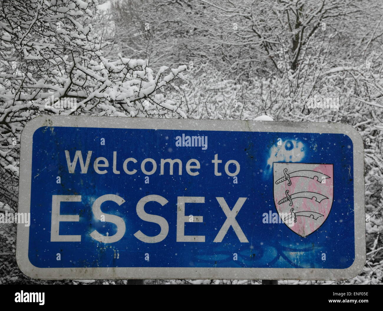 Welcome to Essex sign in Epping Forest in winter with snow on the ...