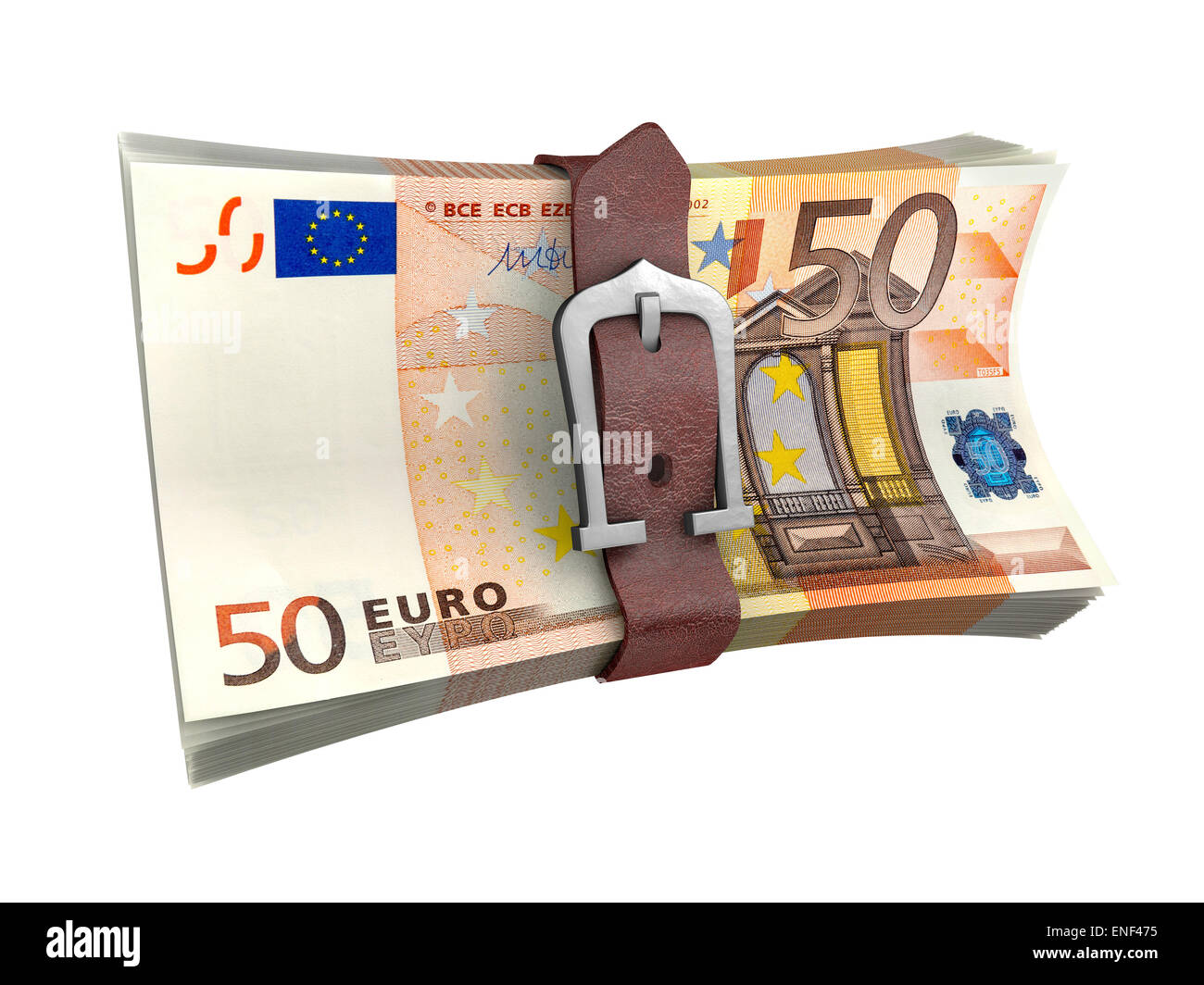 Belted stack of euro money banknotes. Stack of euro money with leather ...