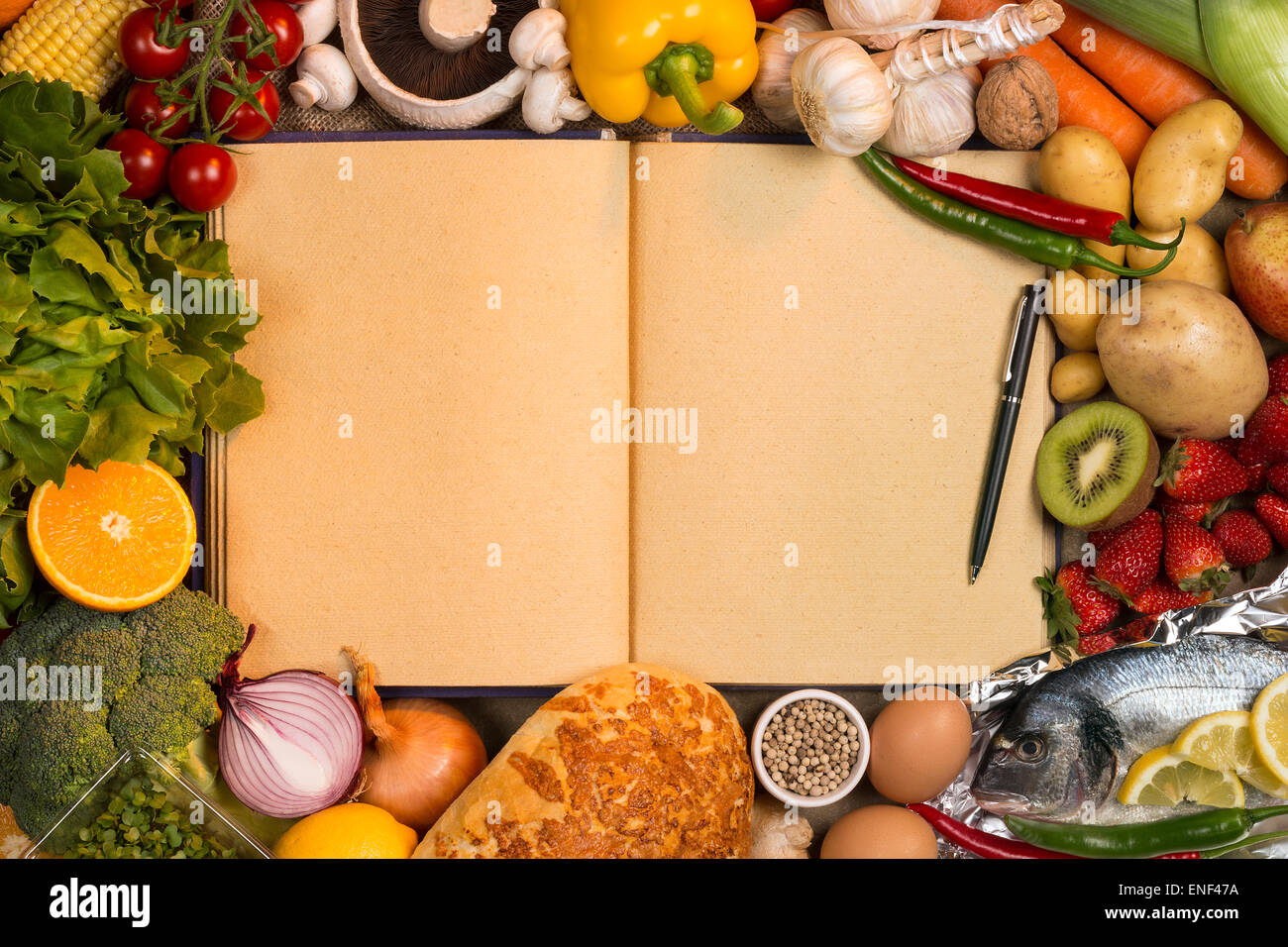 Staple foods - Fruit, Fish, Bread and Vegetables with the blank pages ...
