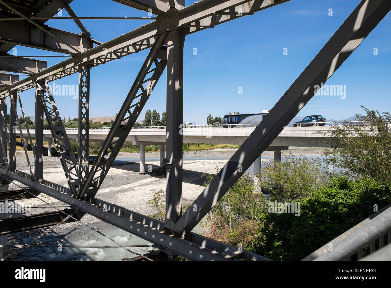The Awatere river bridge, double decker with rail and car lanes above ...