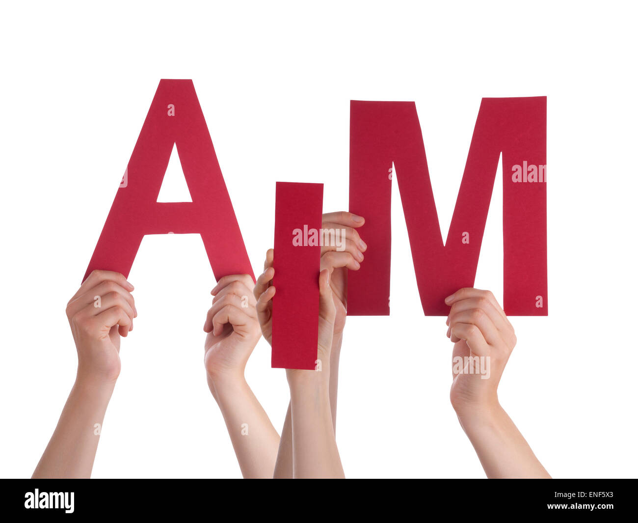 Many People Hands Holding Red Word Aim Stock Photo - Alamy