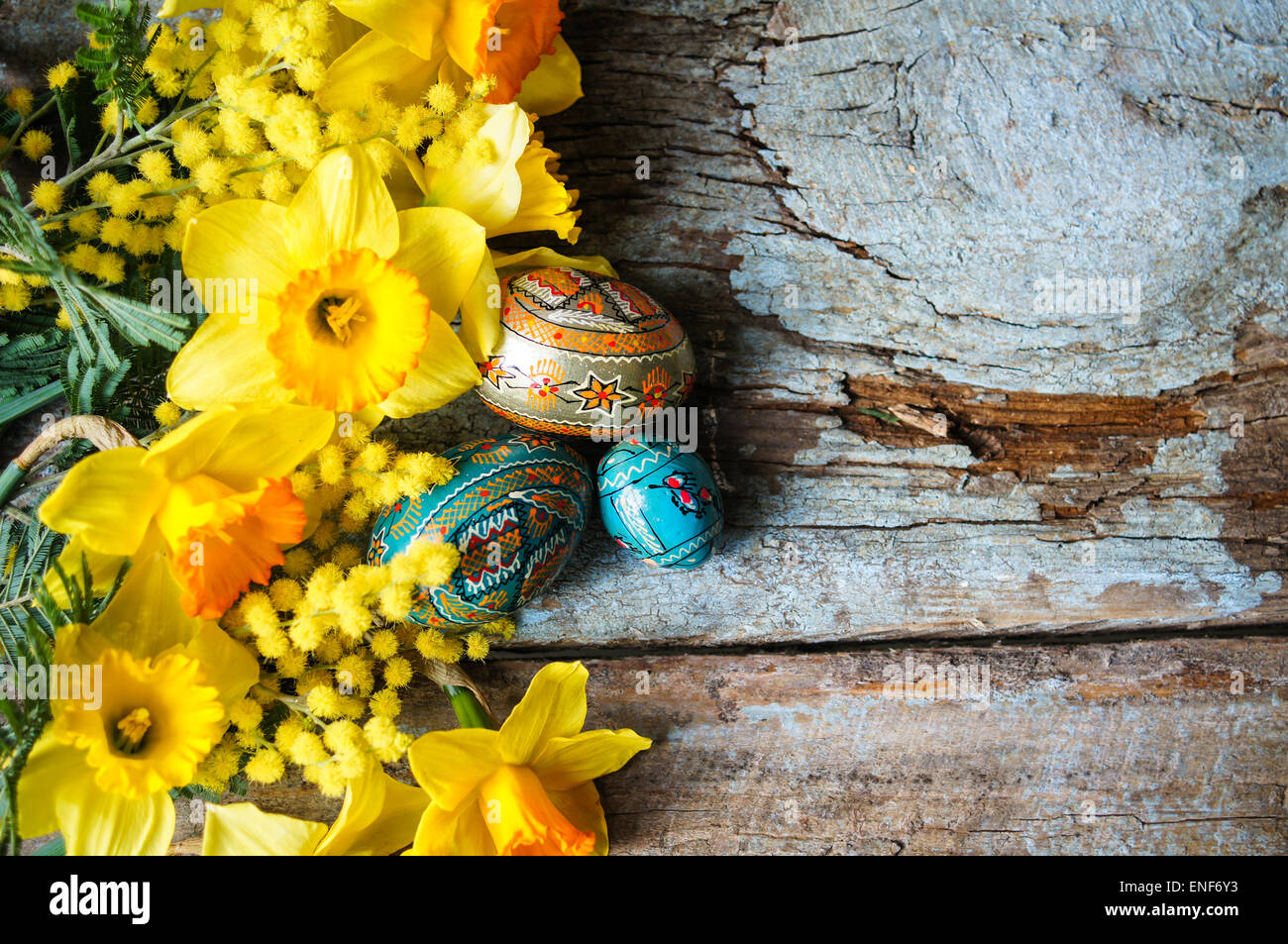 Easter time, spring flowers, easter eggs and easter bunny Stock Photo ...