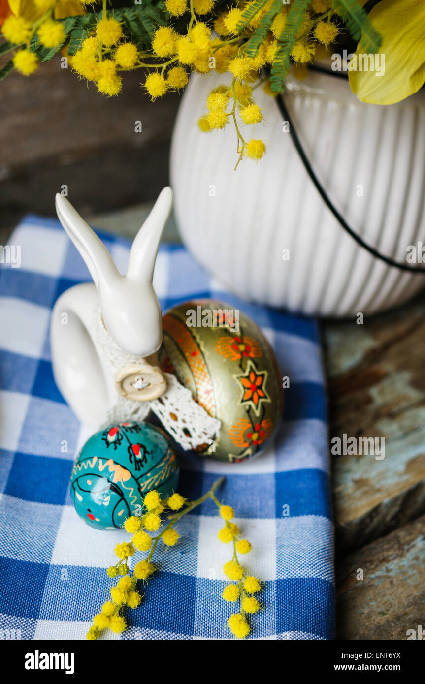 Easter time, spring flowers, easter eggs and easter bunny Stock Photo ...