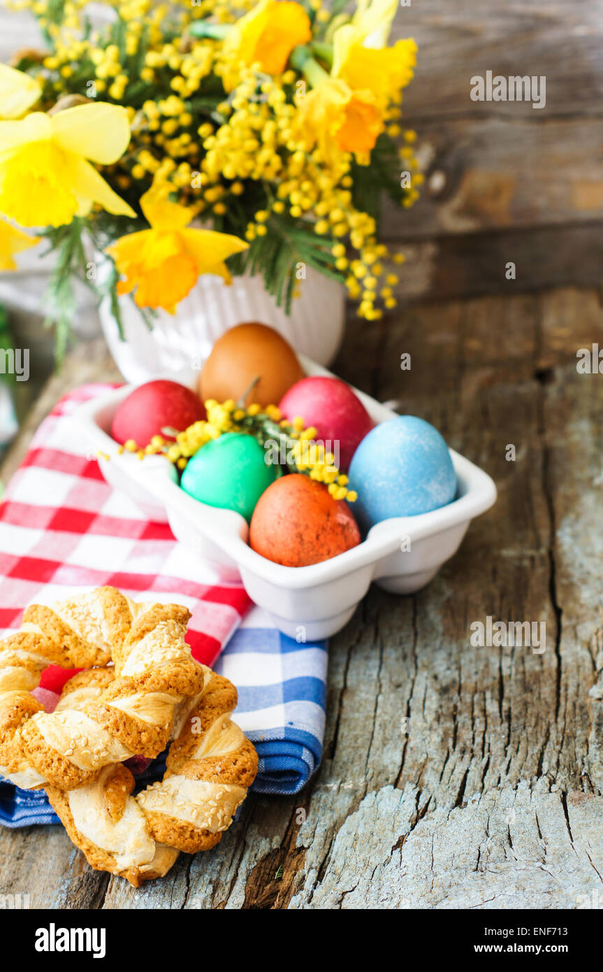 Easter time, spring flowers, easter eggs and easter bunny Stock Photo ...