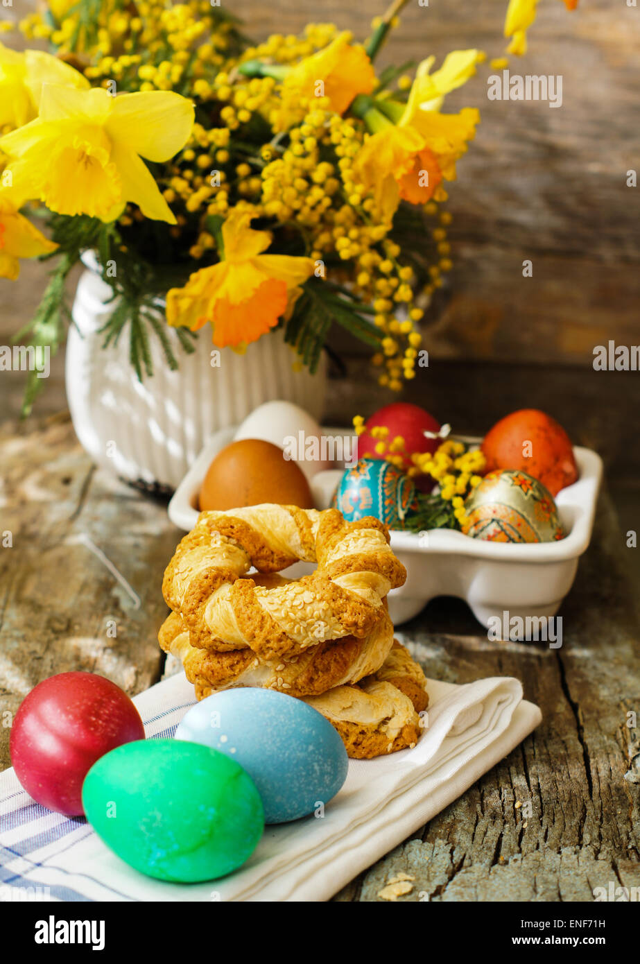 Easter time, spring flowers, easter eggs and easter bunny Stock Photo ...