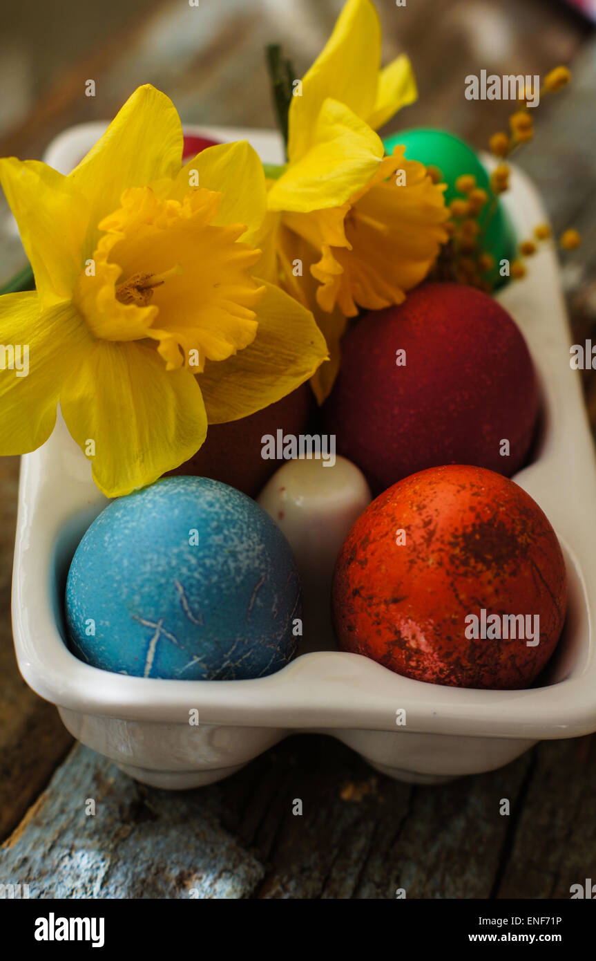 Easter time, spring flowers, easter eggs and easter bunny Stock Photo ...