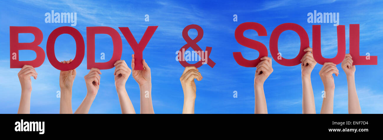 Hands Holding Red Straight Word Body Soul Blue Sky Stock Photo - Alamy