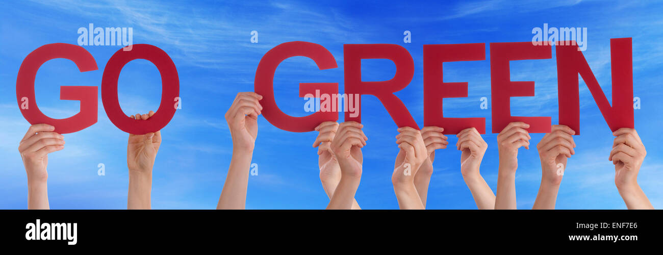 Hands Holding Red Straight Word Go Green Blue Sky Stock Photo - Alamy