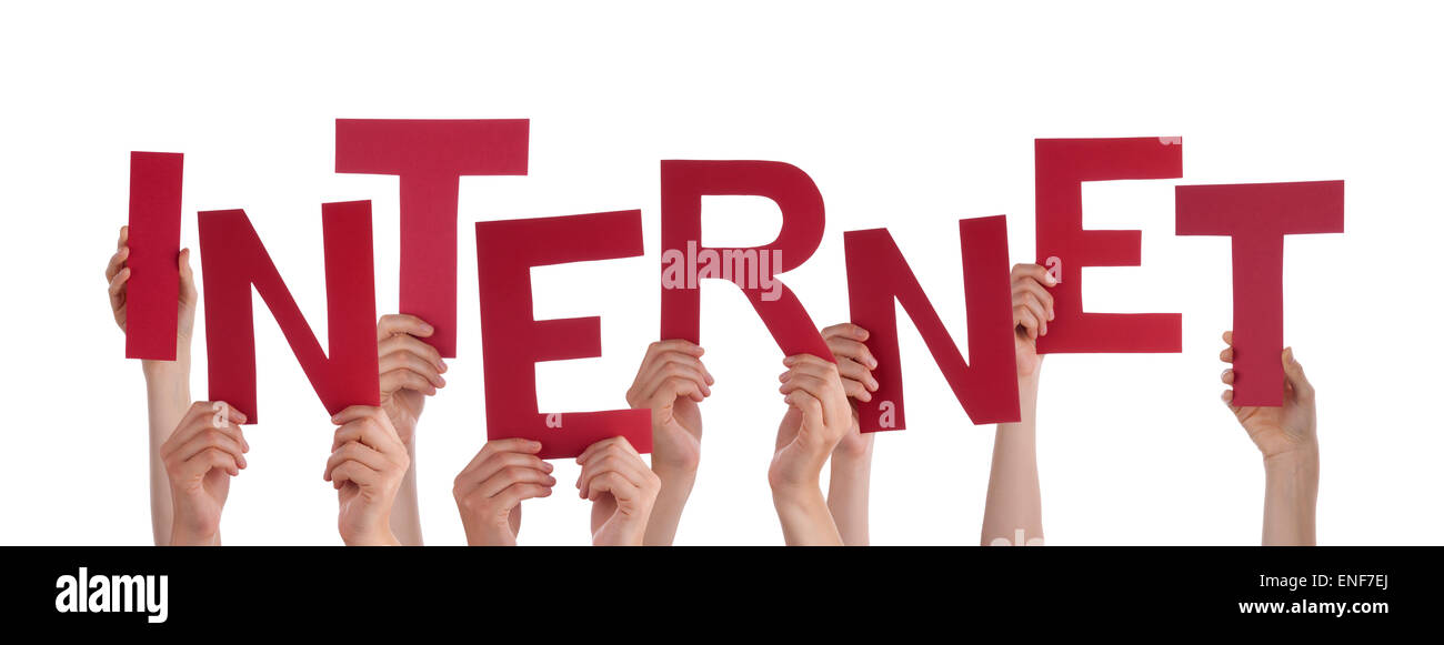 Many People Hands Holding Red Word Internet Stock Photo - Alamy