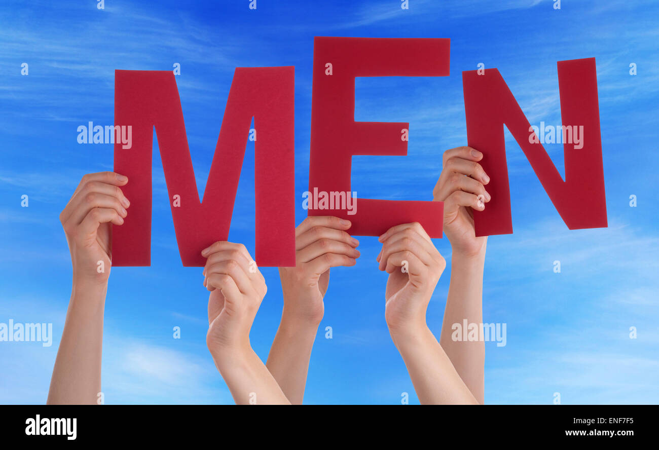 Many People Hands Holding Red Word Men Blue Sky Stock Photo - Alamy