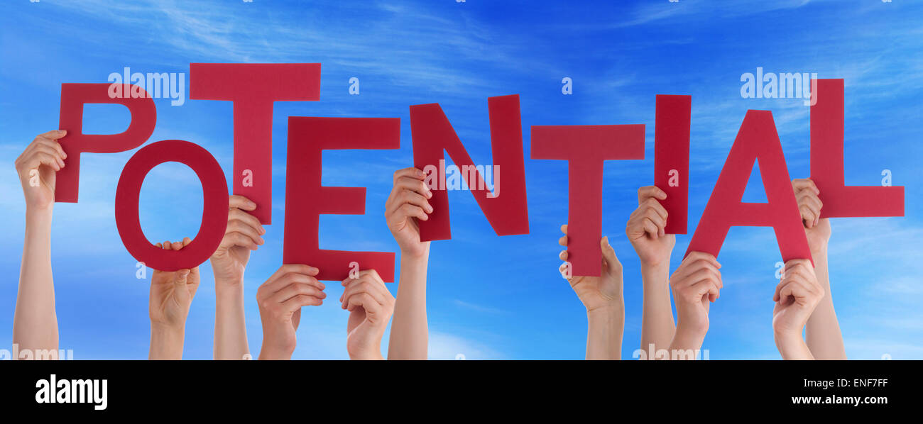 People Hands Holding Red Word Potential Blue Sky Stock Photo - Alamy
