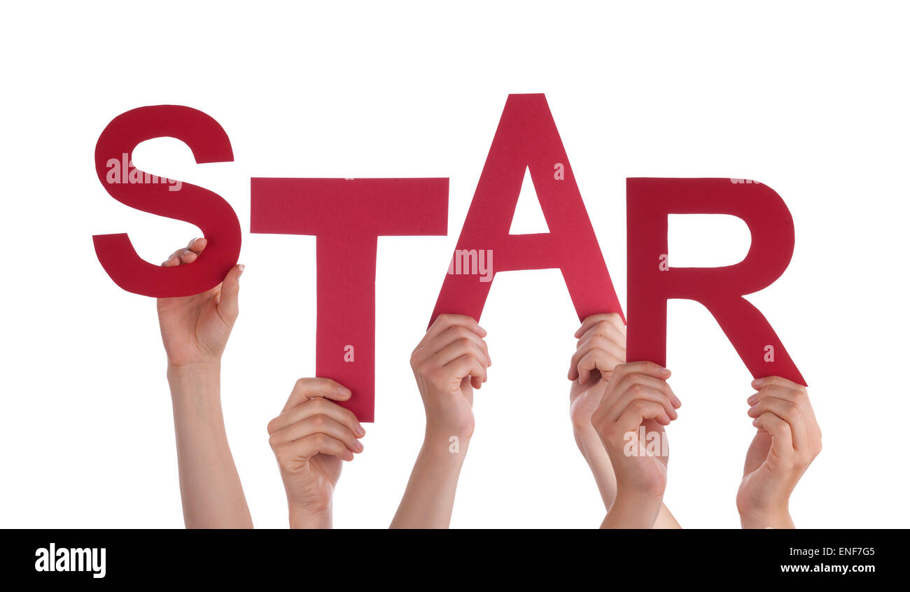 Many People Hands Holding Red Word Star Stock Photo - Alamy