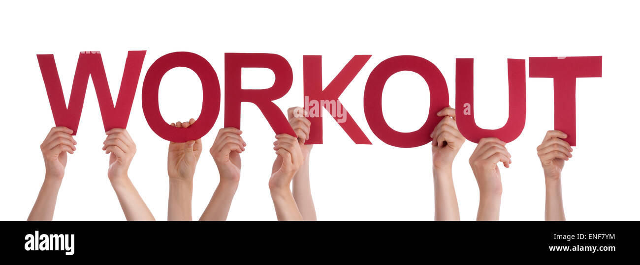 People Hands Holding Red Straight Word Workout Stock Photo - Alamy