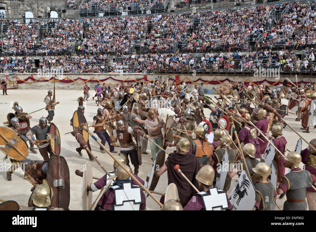 Roman re-enactment games in Arena of Nimes a Roman amphitheatre ...
