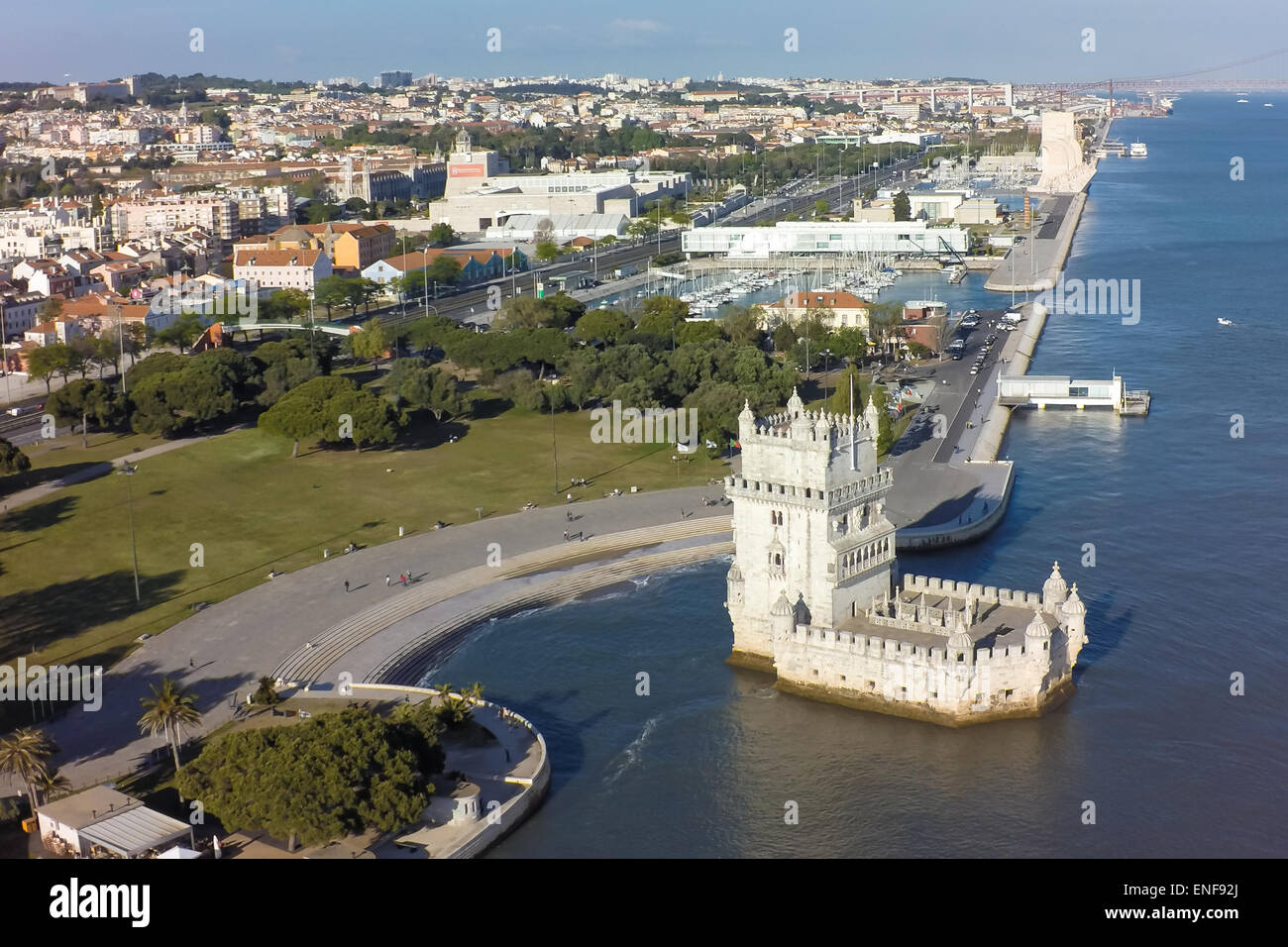 Aerial view of Belem tower - Torre de Belem in Lisbon, Portugal Stock ...