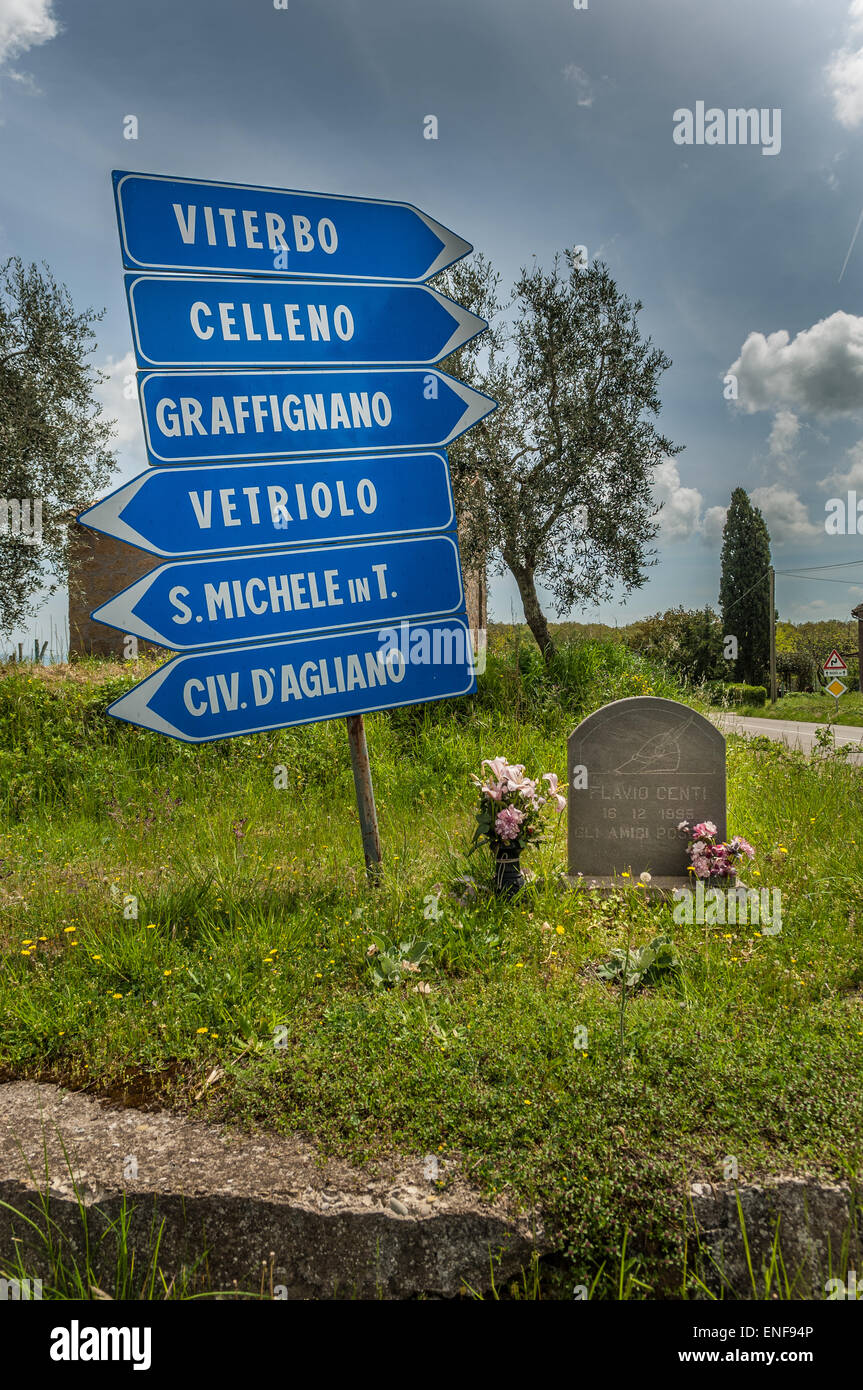 Road signs in the region of Umbria, Italy, pointing the way to Viterbo ...