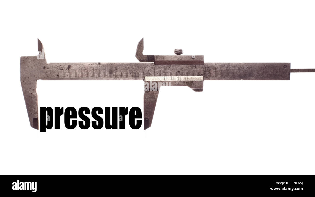 Color horizontal shot of a caliper and measuring the word "pressure ...