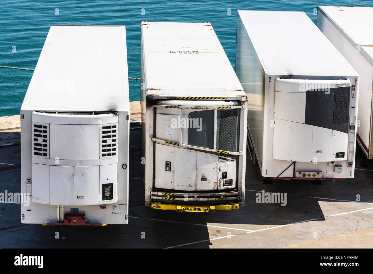 Reefer containers waiting to board at the port of Barcelona, Catalonia ...