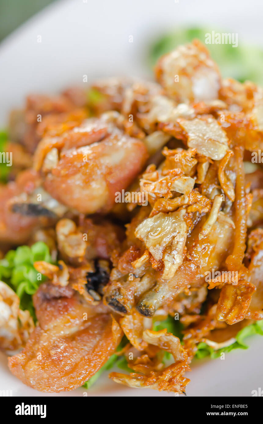 deep fried chicken with fried garlic and fresh vegetable Stock Photo ...