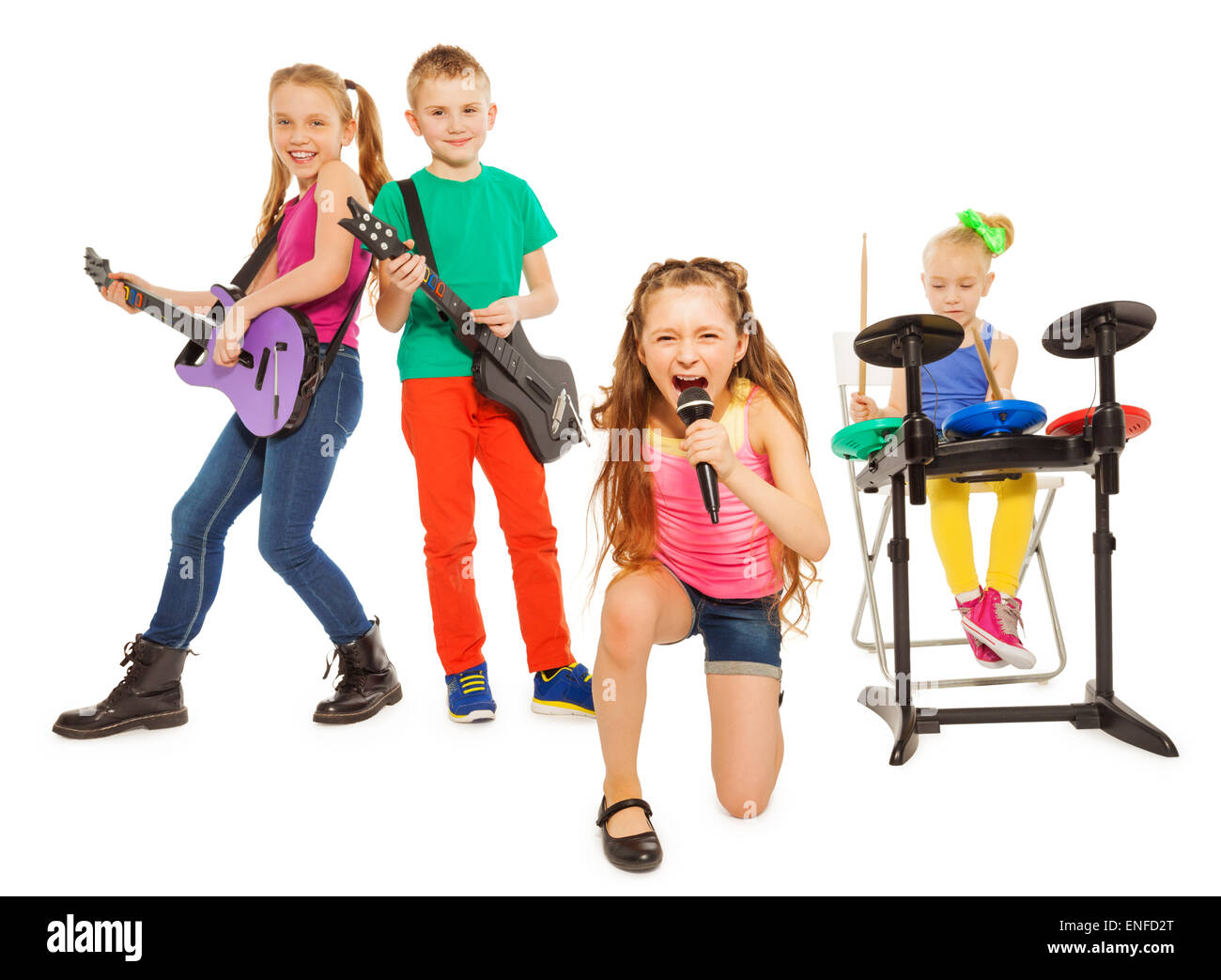 Kids play musical instruments and girl sings Stock Photo - Alamy