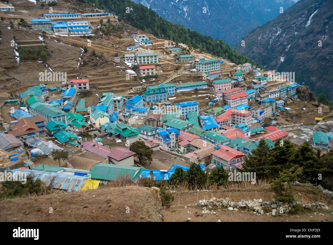 Namche Bazaar, Nepal - 16 March 2015: Aerial view of Namche Bazaar in ...