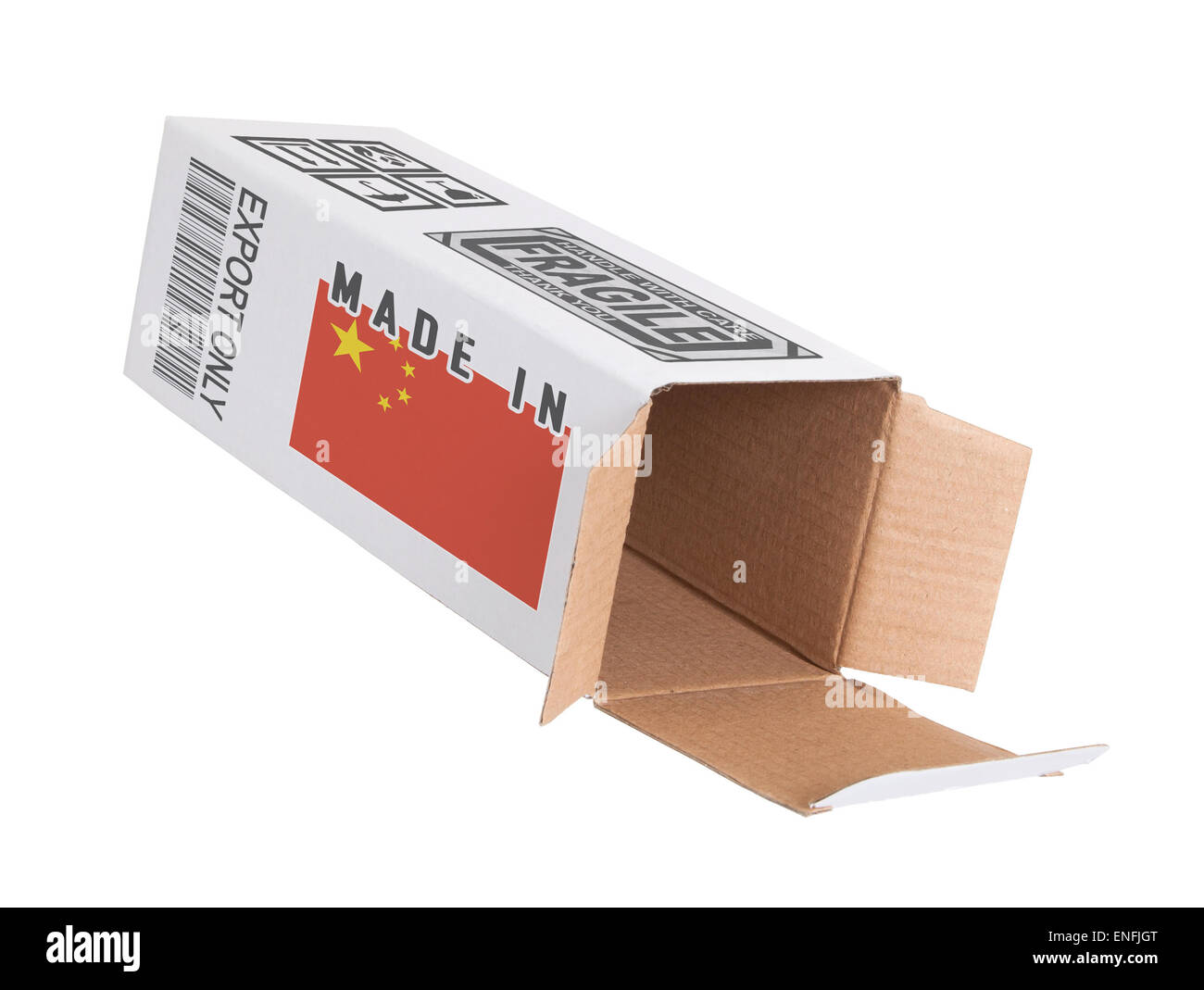 Concept of export, opened paper box - Product of China Stock Photo - Alamy