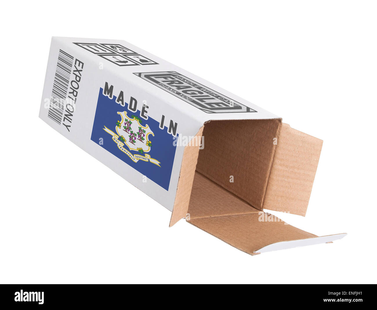 Concept of export, opened paper box - Product of Connecticut Stock ...