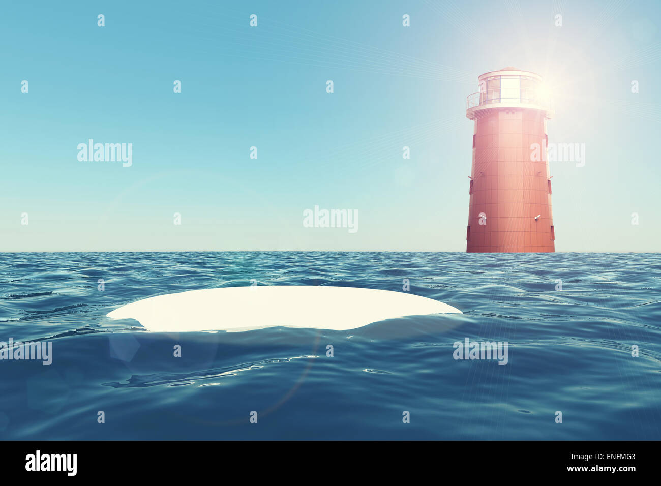 Small island in sea with lighthouse and sun Stock Photo - Alamy