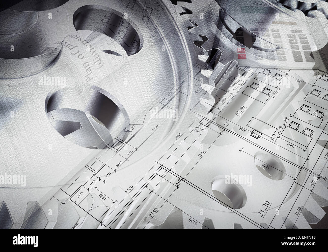 Watchwork wheels with drawing stuff and calculator Stock Photo - Alamy