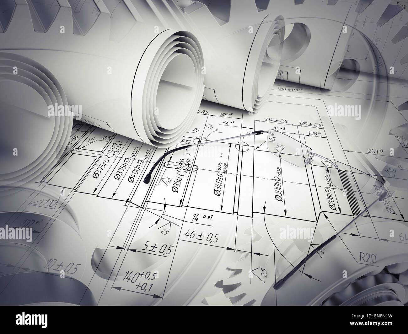 Engineering sketches with glasses Stock Photo - Alamy