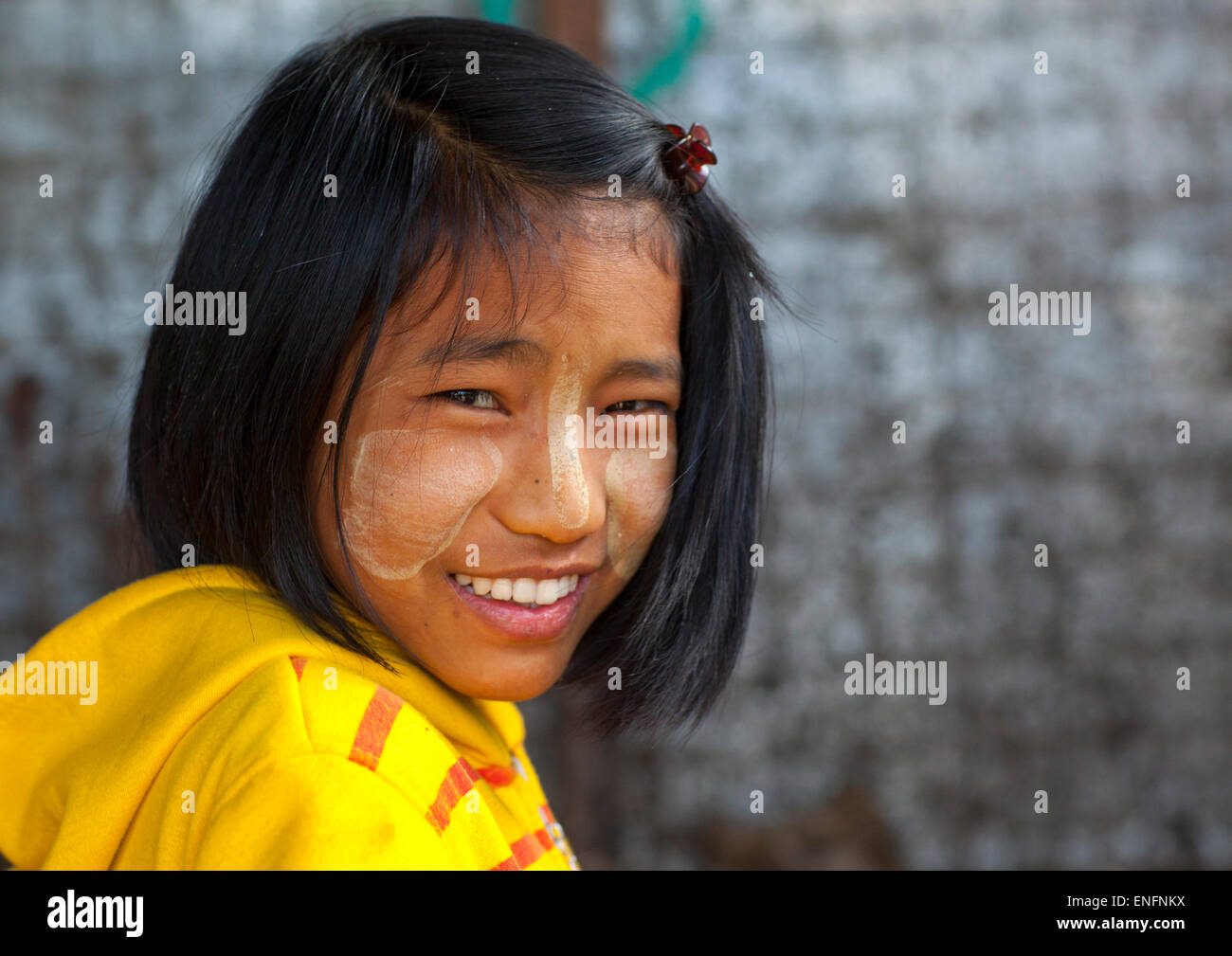 Smiling Young Chin Girl With Thanaka On The Face, Mindat, Myanmar Stock ...