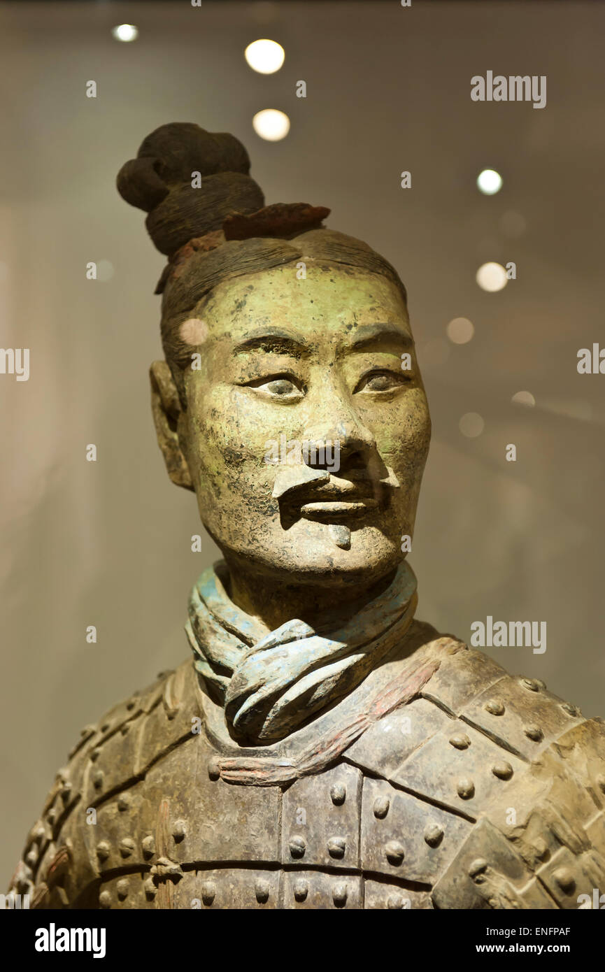 Museum, portrait, standing warrior, painted with original colour ...