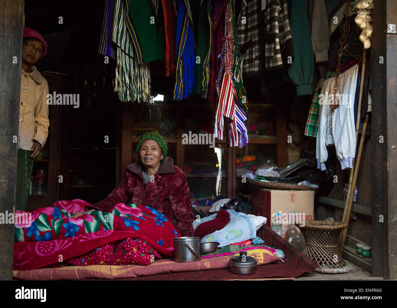 Chin Local Market Selling Womens Clothing, Mindat, Myanmar Stock Photo ...