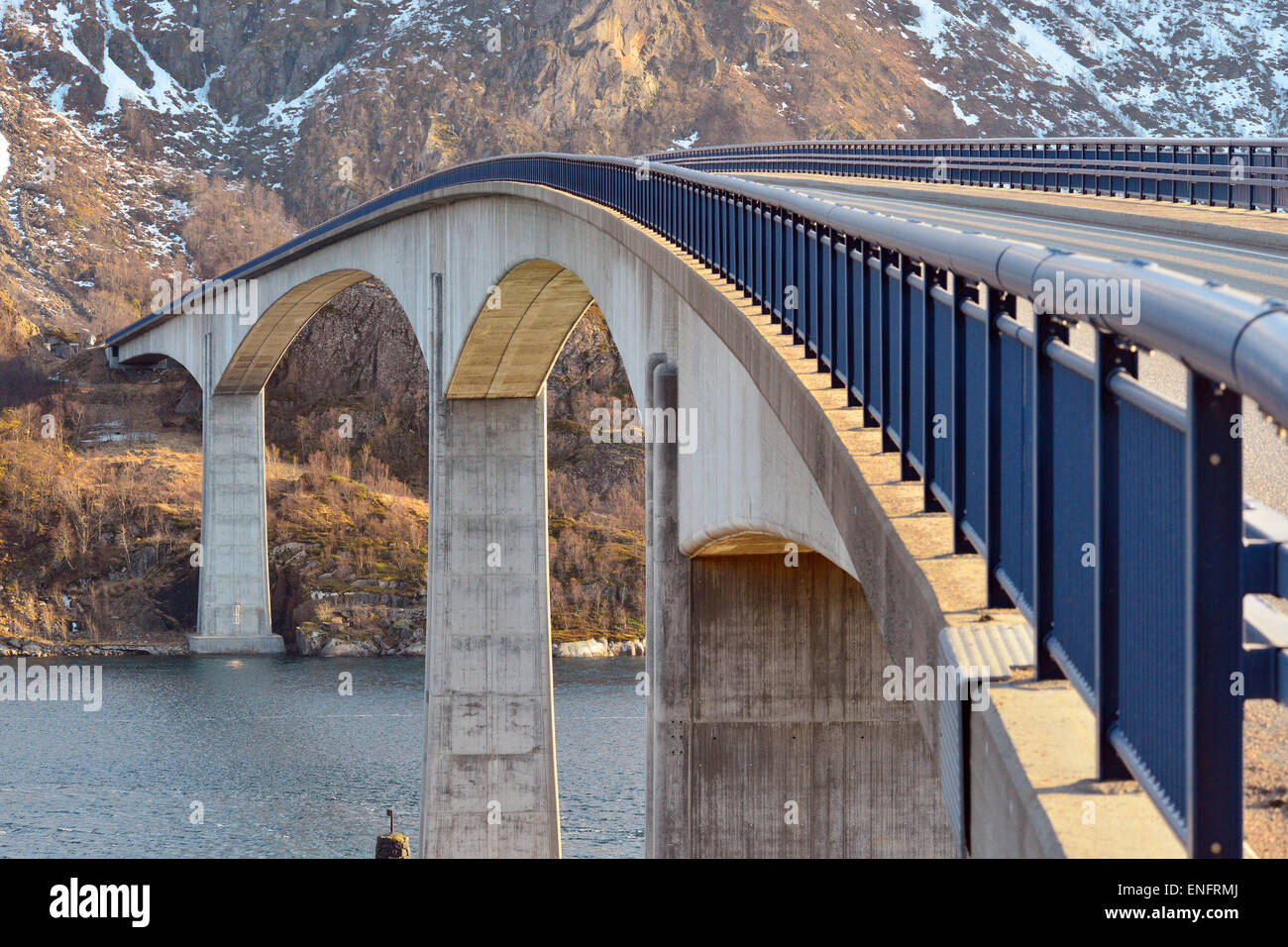 Concrete bridge spanning the Raftsund, view from Austvågøy island ...
