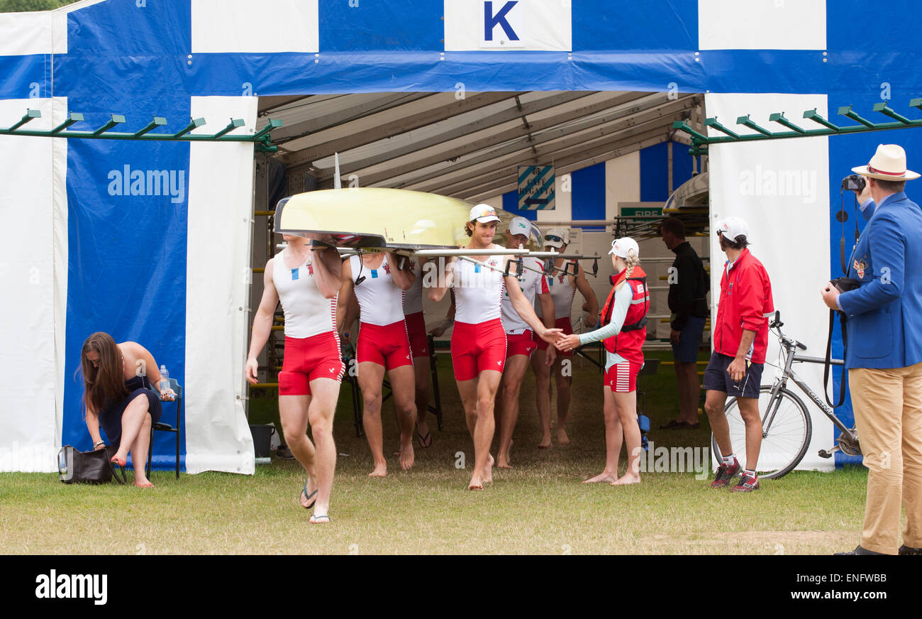 rowing eight leaving the boat tent ready to compete in the Henley Royal ...