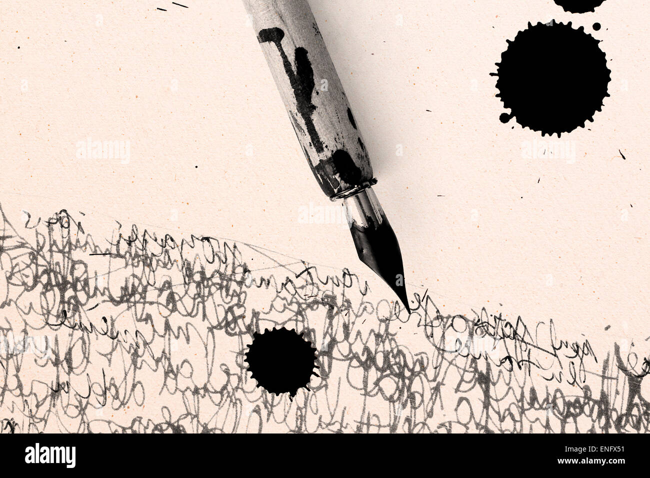 Antique pen on scratched and ink spot Stock Photo - Alamy